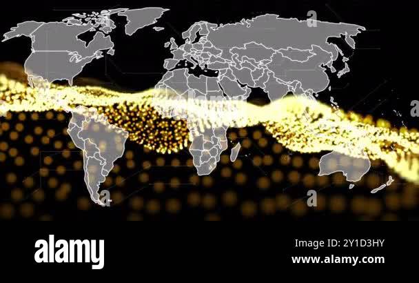 Global data flow animation over world map with yellow and black dots ...