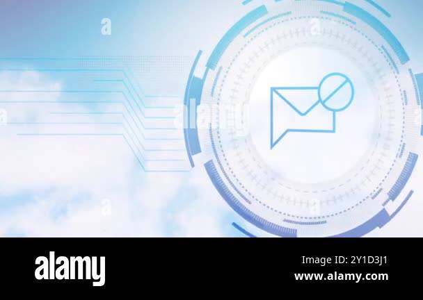 Email icon and digital circuit animation over cloudy sky background. Technology, communication ...
