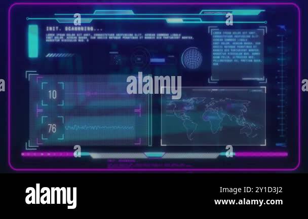 Futuristic scanning and data analysis animation over digital world map and graphs. Technology ...