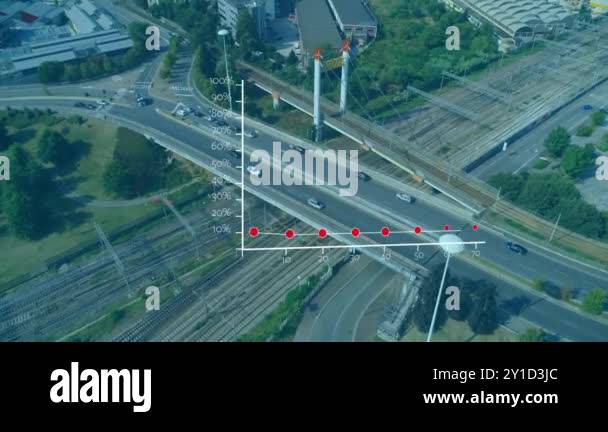 Line graph animation over aerial view of urban roads and railway tracks ...