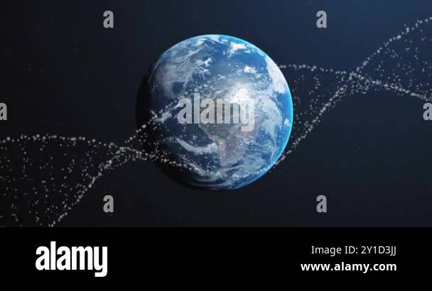Rotating Earth with DNA strand animation in space background. Science ...