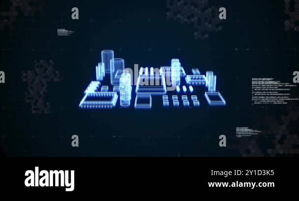 Digital Data Processing Animation Over Futuristic Cityscape With Text And Hexagonal Patterns