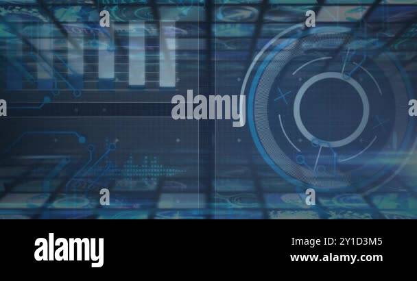 Digital Data Processing Animation Over Futuristic Interface With Graphs And Circular Elements