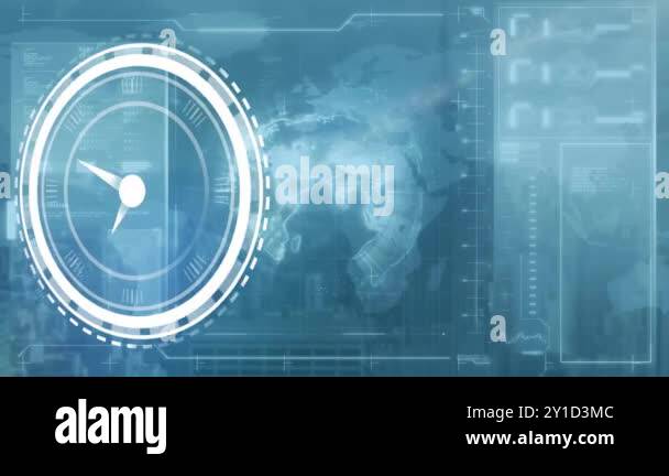 Futuristic data processing animation over world map and digital interface. Technology, global ...