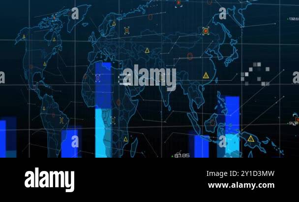 World map with data points and graphs, global data analysis animation. analytics, visualization ...