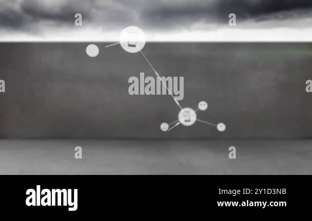 Network of connected devices and media icons animation over abstract ...