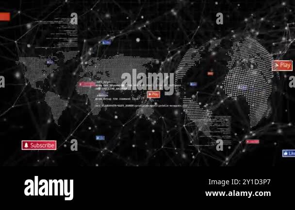 Network connections and play buttons animation over world map with ...