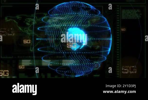 5G technology animation over digital globe with interconnected lines ...