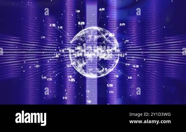 Futuristic technology animation showing digital globe with numerical data points. artificial ...