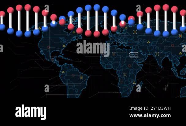 DNA strand animation over world map with data points and connections ...