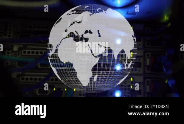 Globe with blue lights animation over server racks in data center. Technology, cyber, servers ...