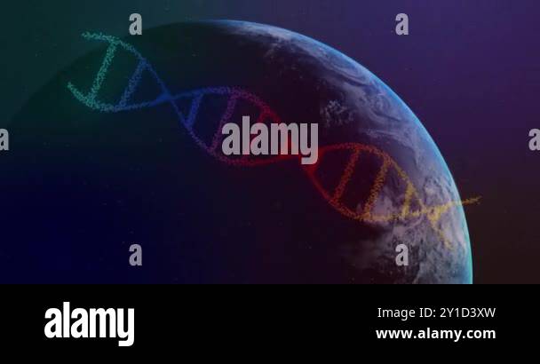Animating DNA strand over Earth from space, scientific visualization ...