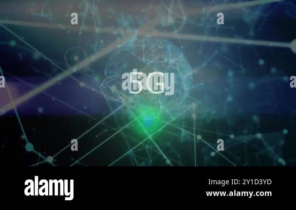 5G text animation over digital network connections and glowing globe ...