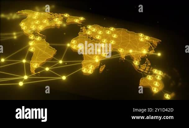 Global network connections animation over illuminated world map with ...