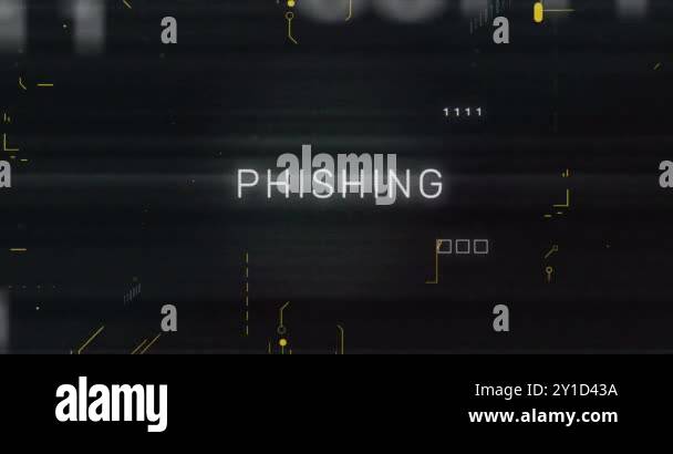 Phishing text animation over binary code and digital symbols on dark background. Cybersecurity ...