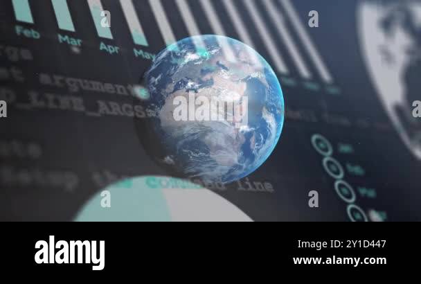 Rotating Earth animation over bar graph showing monthly data trends. Global, analytics ...