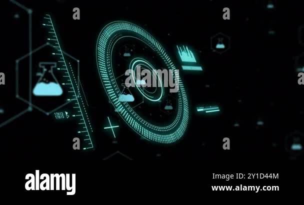 Chemical flasks and data processing animation on dark background ...