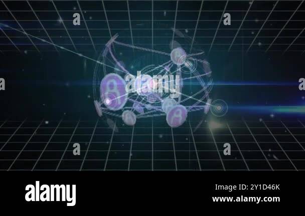 Animating network connections and data nodes over grid background. Technology, digital ...