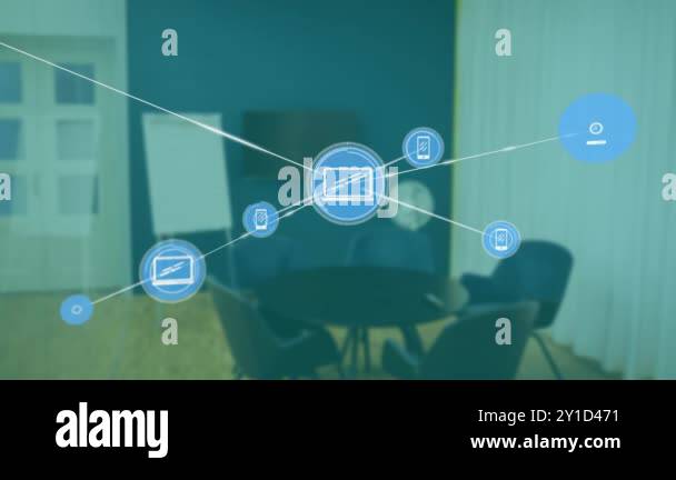 Network of connected devices animation over office meeting room ...