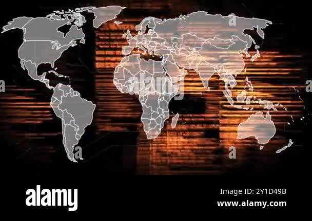 World map with glowing data points and hexagonal patterns on digital background. Technology ...