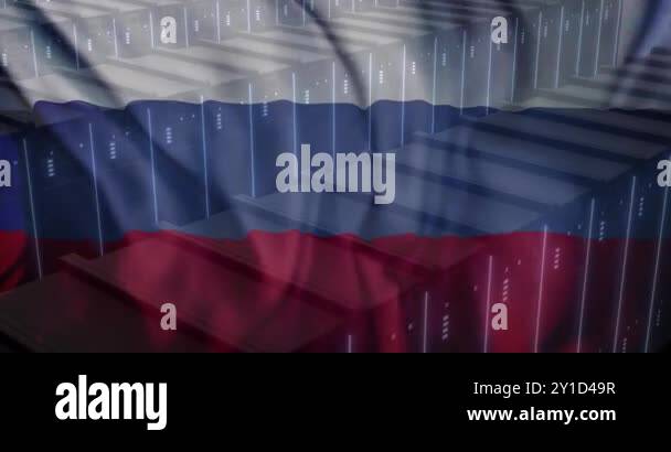 Russian flag animation over rows of server racks in data center ...