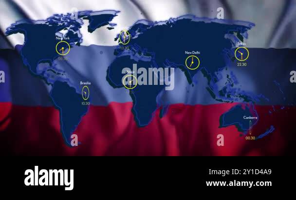 World map with clocks showing different time zones animation over ...