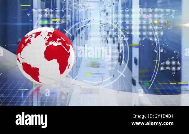 Rotating globe and digital data animation over server room background. Technology, network ...
