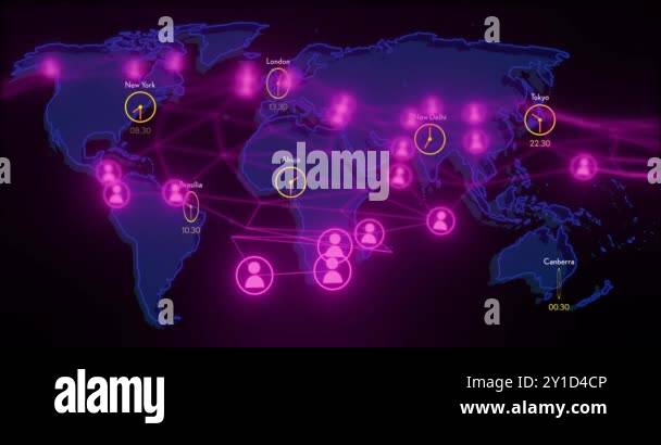 Global network connections and time zones animation over world map ...