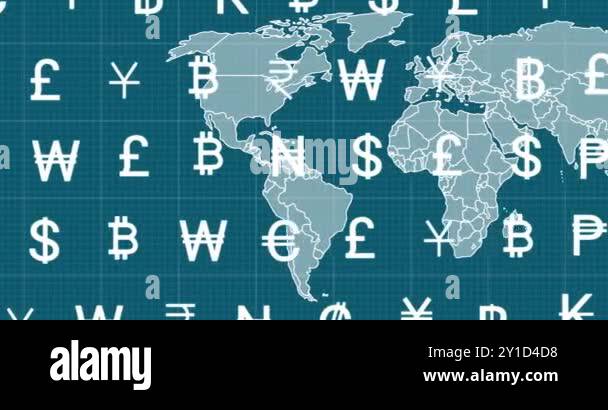 Currency symbols animation over world map. Finance, economy, global ...