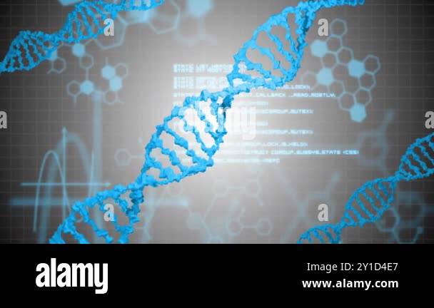 DNA strands and scientific data processing animation over hexagonal patterns. Biotechnology ...