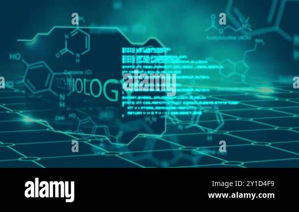 Chemical formulas and molecular structures animation over grid background. Science, chemistry ...