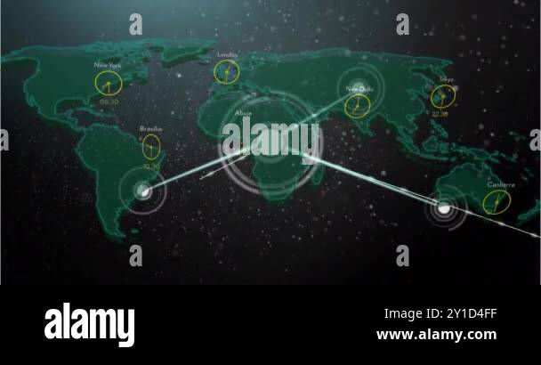 World map with interconnected cities and time zones, global network ...