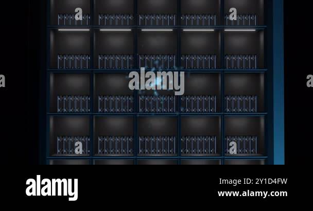 Cloud security shield animation over server racks in data center ...