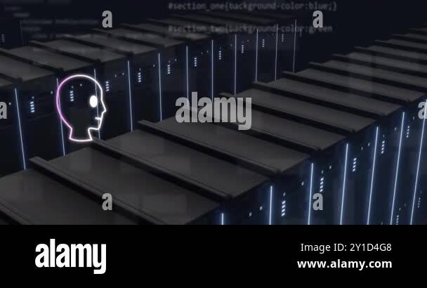 Server racks with AI cloud and code, generating images animation. Technology, servers, data ...