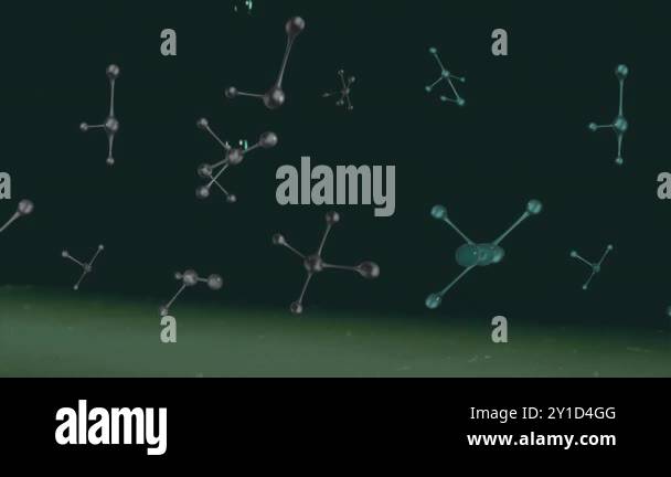 Molecular structures and liquid splash animation over dark green ...