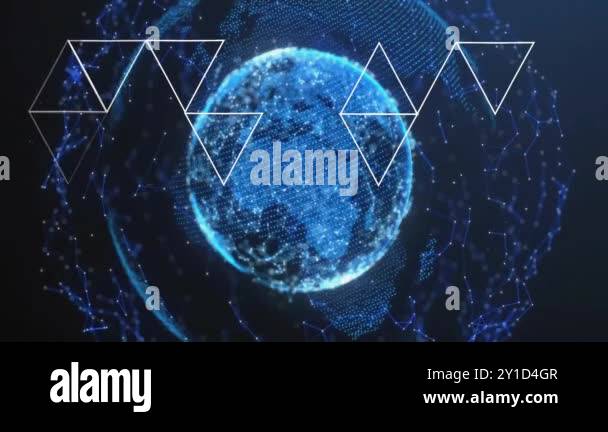 Rotating digital globe with triangular shapes and network connections ...