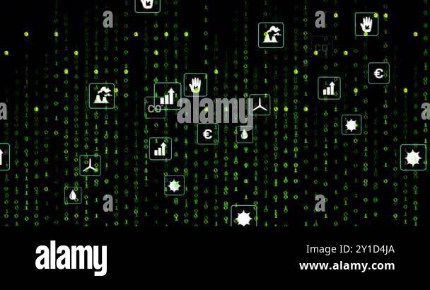 Green binary code and environmental icons animation over black ...