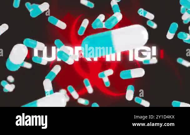 Warning text animation with falling capsules and biohazard symbol ...
