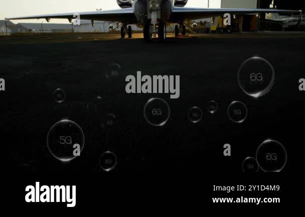 5G and 6G network bubbles animation over airplane in hangar. Technology, innovation ...