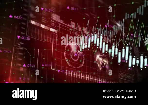 Animating financial data charts and graphs over red background with various indicators. Finance ...
