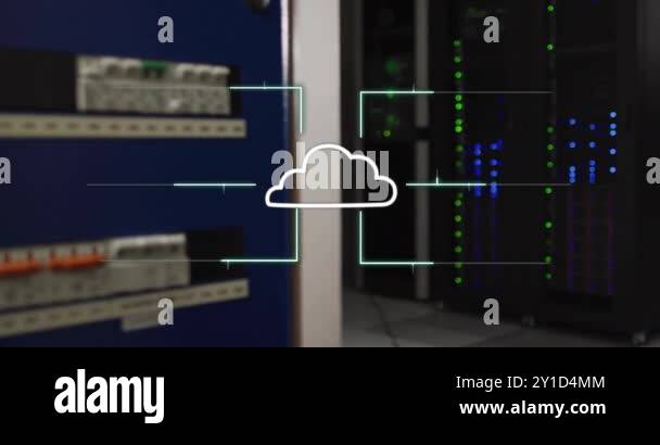 Cloud computing network animating over server room background. Technology, data, infrastructure ...