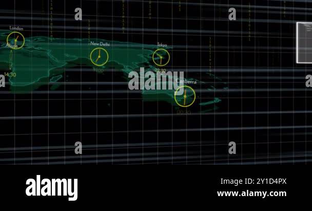 World map with clocks showing different time zones and binary code ...