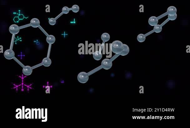 Molecular structures and chemical formulas, scientific research animation over dark background ...