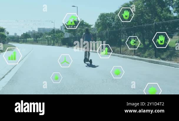 Riding electric scooter, person surrounded by environmental data and ...