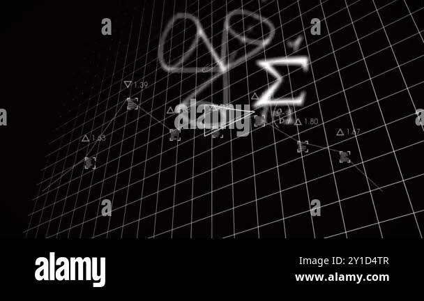 Mathematical equations and geometric shapes animation over black grid background. Mathematics ...