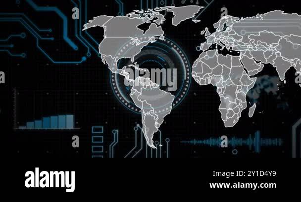 World map with data visualization and circuit board animation. Technology, global, innovation ...