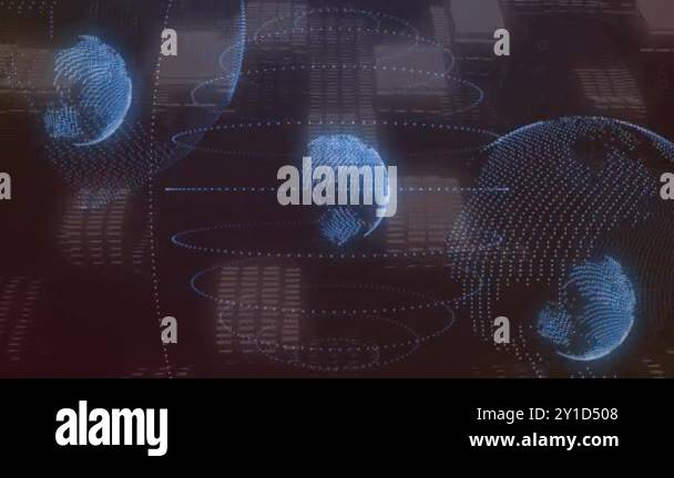 Rotating rings and binary code animation over digital Earth with cityscape background ...