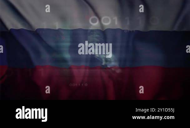 Russian flag with binary code and circuit board animation in background ...