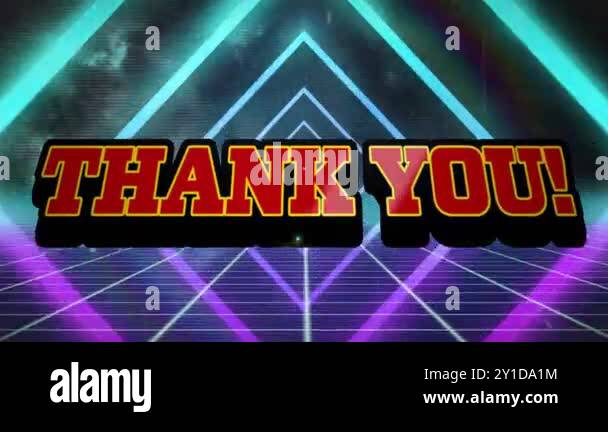 Thank You! text animation over neon geometric shapes and grid ...