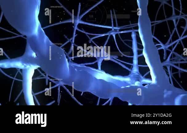 Neural network and data processing animation over abstract blue ...